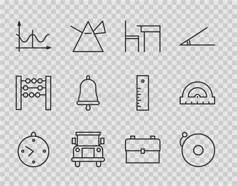 Set Line Clock Ringing Alarm Bell School Table And Chair Bus Graph Schedule Chart Diagram