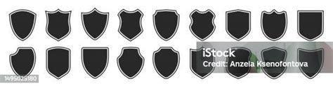 프레임이 있는 블랙 쉴드 격리된 방패 아이콘 벡터 템플릿 모음입니다 로고 디자인 세트 플랫 스타일 편집 가능한 벡터