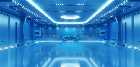A High Tech Corridor Bathed In Blue Light With A Circular Doorway At The End Suggesting An