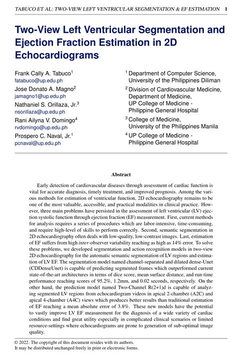 Pdf Two View Left Ventricular Segmentation And Ejection Fraction Estimation In 2d Echocardiograms