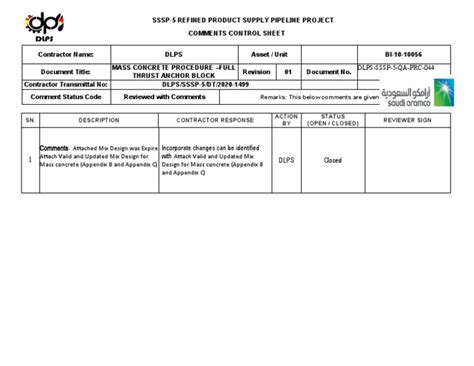 Comments Control Sheet Rev 01 Pdf