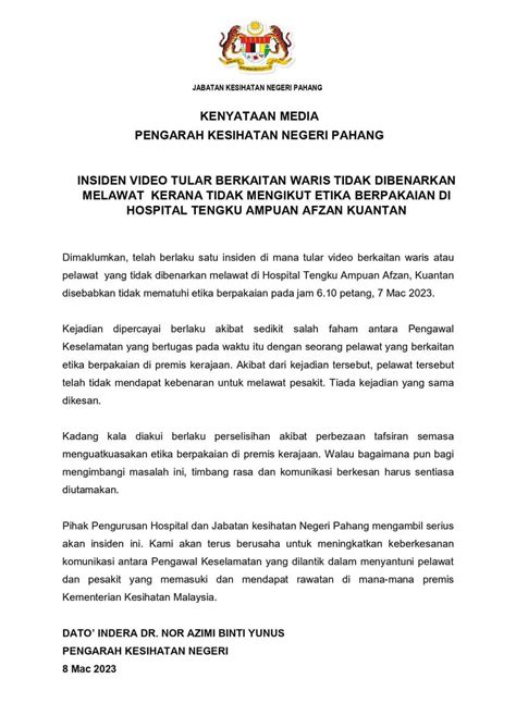 Kenyataan Media Pengarah Kesihatan Negeri Pahang Insiden Video Tular