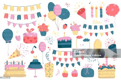 생일 파티 디자인 장식 요소를 설정합니다 화환 깃발 선물 상자 풍선 케이크 양초 불꽃 놀이 폭죽 파티 포퍼의 컬렉션을 축하하십시오 디자인 요소가있는 축제 물건 모자 모자류에