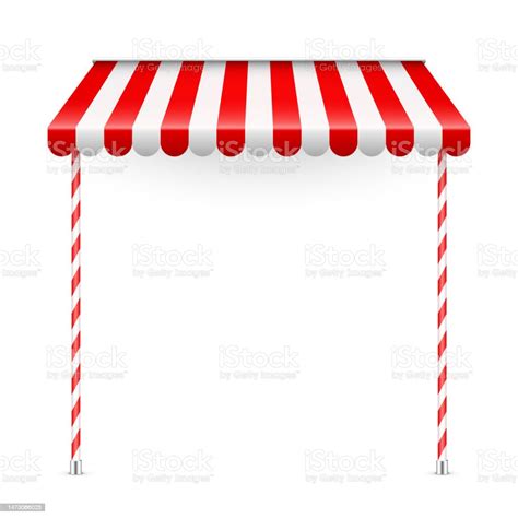 스탠드 홀더가 있는 빨간색 상점 차양 현실적인 줄무늬 카페 차양 야외 시장 텐트 지붕 캐노피 여름 거리 상점 벡터 그림 가리기에 대한 스톡 벡터 아트 및 기타 이미지