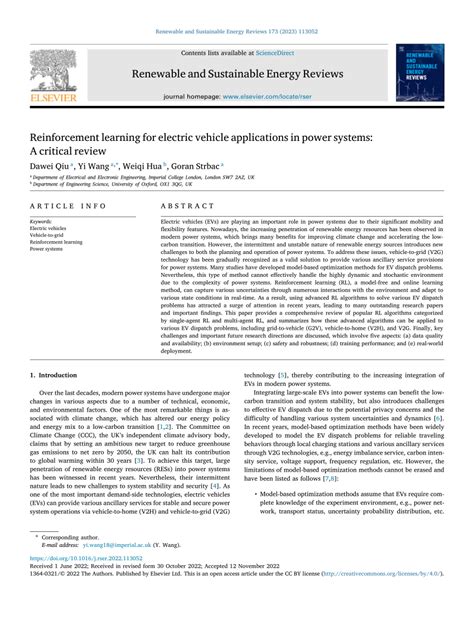 PDF Reinforcement Learning For Electric Vehicle Applications In Power Systems A Critical Review