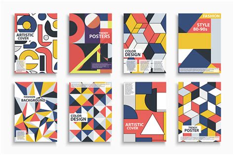 추상적 인 다채로운 복고풍 표지 템플릿 포스터 플래카드 브로셔 배너 전단지 등의 컬렉션 예술적인 패션 밝은 배경입니다 트렌디 한 기하학적 활기찬 디자인 8090 년대
