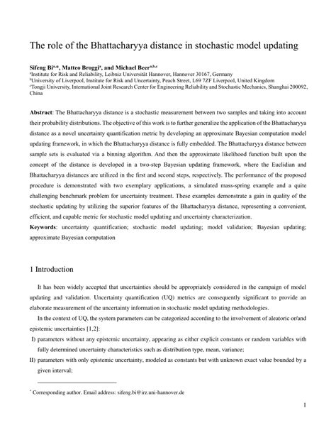 Pdf The Role Of The Bhattacharyya Distance In Stochastic Model Updating