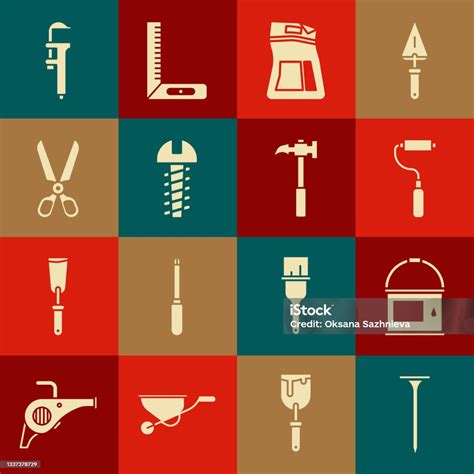 세트 금속 손톱 페인트 양동이 롤러 브러시 시멘트 가방 나사 가위 캘리퍼 캘리퍼 및 스케일 및 발톱 망치 아이콘 벡터 가위에