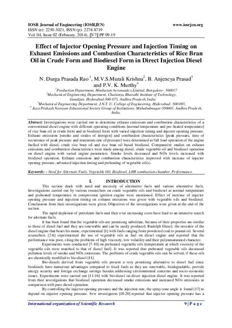 Pdf Effect Of Injector Opening Pressure And Injection Timing On Exhaust Emissions And