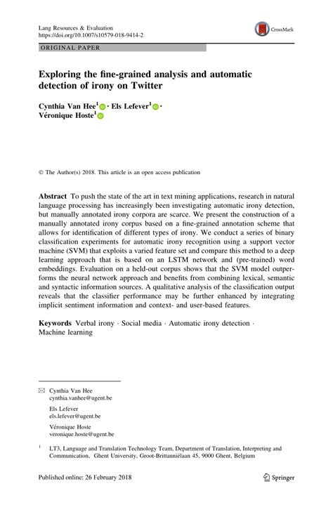 Pdf Exploring The Fine Grained Analysis And Automatic Detection Of Irony On Twitter