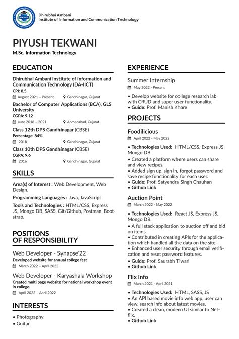 Piyush Tekwani Resume Done Bca From Gls Piyush Tekwani M Information Technology Experience
