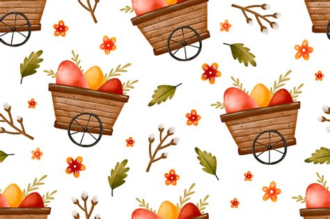 부활절 달걀 목화 가지 꽃이 있는 나무 카트 완벽 한 봄 패턴입니다 4 월 휴일 축하 보육원 종이 섬유에 적합 0명에 대한 스톡 벡터 아트 및 기타 이미지 Istock