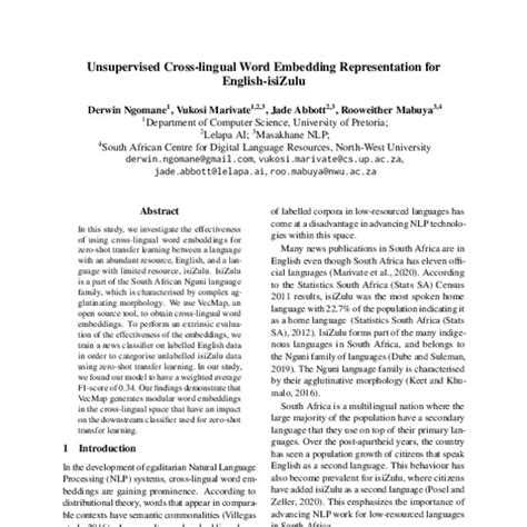 Unsupervised Cross Lingual Word Embedding Representation For English Isizulu Acl Anthology