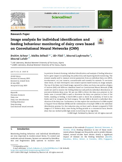 Pdf Image Analysis For Individual Identification And Feeding Behaviour Monitoring Of Dairy