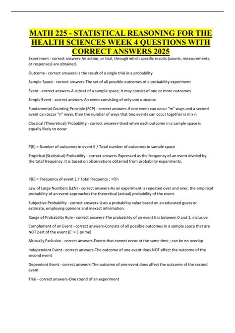 Math 225 Statistical Reasoning For The Health Sciences Week 4 Questions With Correct Answers
