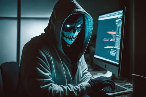 Premium Ai Image Hooded Hacker With Mask Using Laptop Break Or Attack