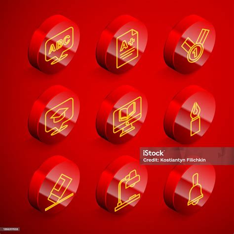 세트 라인 알파벳 플러스 학년 메달 연설 거품의 졸업 모자 온라인 클래스 만년필 펜촉 지우개 또는 고무와 테이블 램프 아이콘과