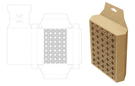 스텐실 아랍어 패턴 다이 컷 템플릿 및 3d 모형이 있는 매달린 육각형 상자 프리미엄 벡터