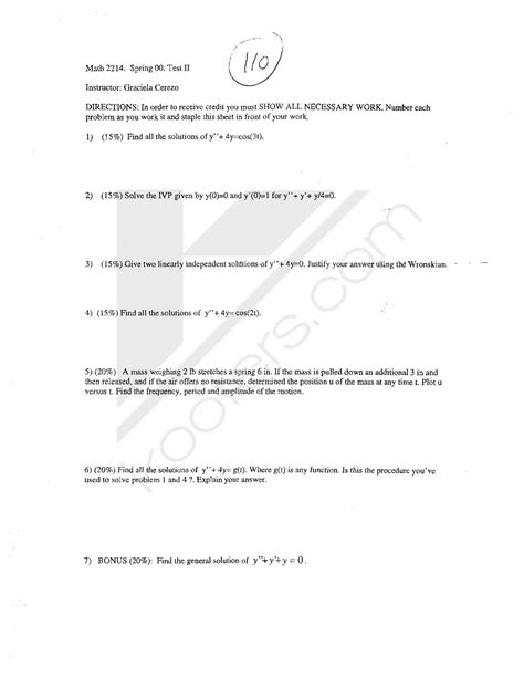 Test 2 With Solution Introduction To Differential Equations Math 2214 Docsity