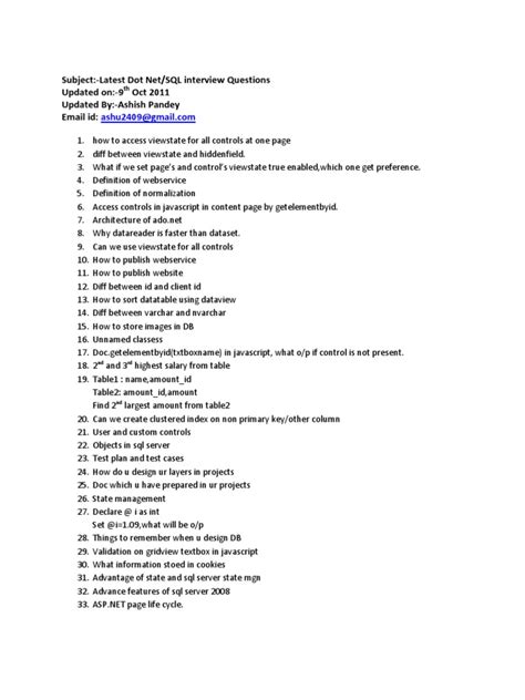 Subject Latest Dot Netsql Interview Questions Updated On 9 Oct 2011