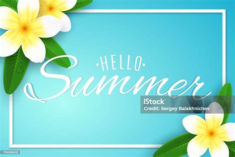 여름 배너입니다 프레임 블루 배경에 플 루 메리 아 꽃 현실적인 열 대 꽃입니다 아름 다운 디자인 텍스트입니다 여름 시즌 컬렉션 벡터 일러스트입니다 Eps 10 0명에 대한