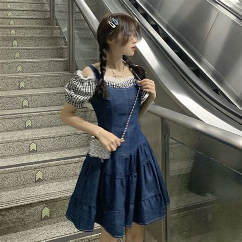 Set 심플 체크 오프숄더 프릴 레이스 블라우스 타이트핏 데님 프릴 캉캉 미니 멜빵 서스팬더 원피스 청 원피스 세트 큐티 섹시 러블리룩 하이틴룩 따로 입어도 이쁜