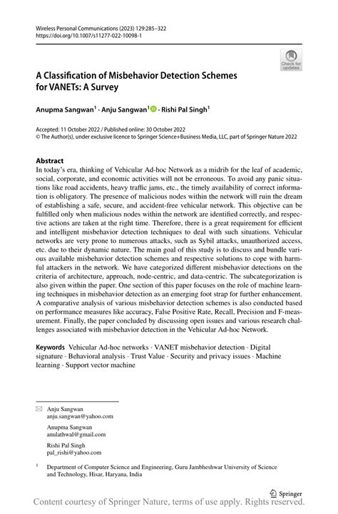 a classification of misbehaviour detection schemes for vanet a survey