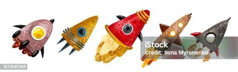 유치한 스타일의 공간 그림입니다 로켓 별 소행성 Ufo 혜성 달 스테로이드 양식화된 행성과 같은 우주 요소 세트 우주 세트 0명에 대한 스톡 벡터 아트 및 기타 이미지