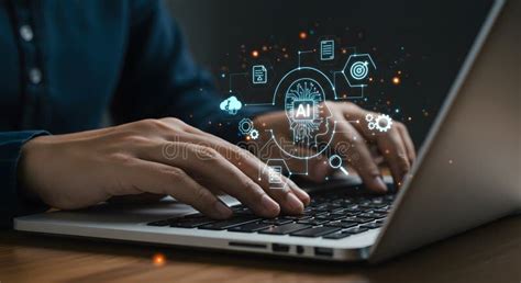 Ai Enhanced Productivity Hands Typing On Laptop With Holographic Interface Stock Illustration