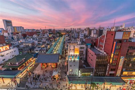 Colorful Sunset Aerial View Of Asakusa District Kaminarimon Gate And