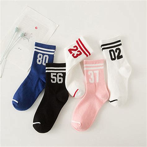 Calcetines 여성용 패션 미드 튜브 양말 코튼 넘버 스트라이프 패턴 러닝 스포츠 양말 통기성 여름 Ins Tide