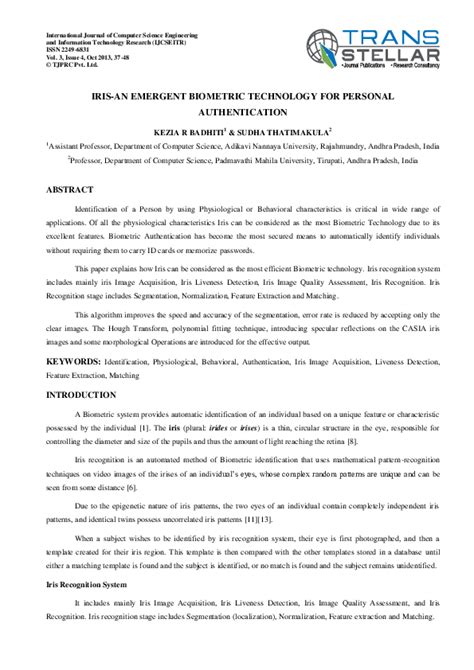 Pdf Iris An Emergent Biometric Technology For Personal Authentication