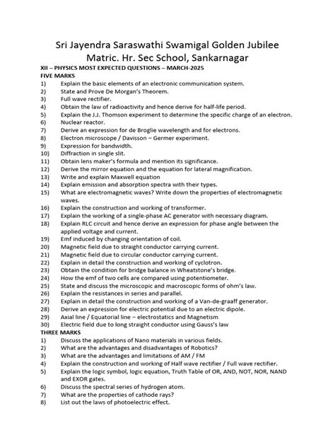 Xii Most Expected Questions March2025 Pdf Electron