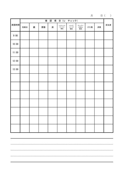 掃除・清掃点検表（チェック表・確認表）のテンプレート（エクセル Excel）03（シンプル）（1カ月単位）（横向き） 文書 テンプレート