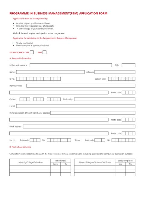 Business Management Job Application Form Programme In Business Management Pbm Application