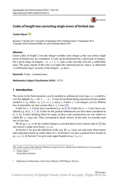 Codes Of Length Two Correcting Single Errors Of Limited Size Request Pdf