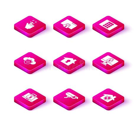 Set Laptop And Lock Security Camera Cloud Shield House Under Protection Lock Monitor