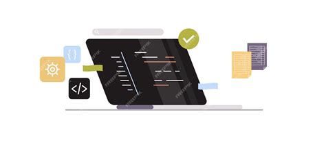 노트북 및 프리랜서 개발자 프로그래밍 코딩 개발 개념에 대한 새로운 소프트웨어 개발 프리미엄 벡터