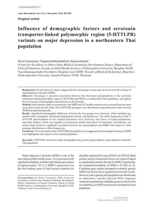 Pdf Influence Of Demographic Factors And Serotonin Transporter Linked Polymorphic Region 5