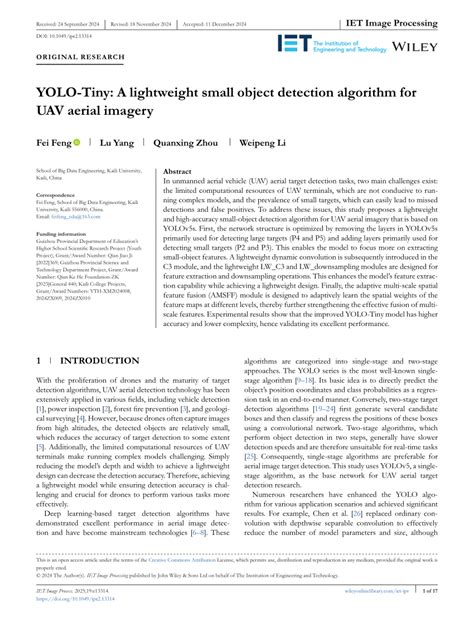 Pdf Yolo‐tiny A Lightweight Small Object Detection Algorithm For Uav