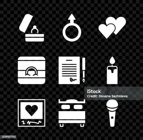 웨딩 링 남성 성별 기호 심장 사진 프레임 및 하트 침실 마이크 및 결혼 계약 아이콘을 설정합니다 벡터 3월에 대한 스톡 벡터 아트 및 기타 이미지 Istock