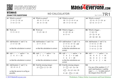 Gcse Revision Bidmas Worksheet With Solutions Teaching Resources
