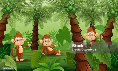 Tiga Monyet Lucu Di Ilustrasi Hutan Palem Ilustrasi Stok - Unduh Gambar Sekarang - Monyet ...