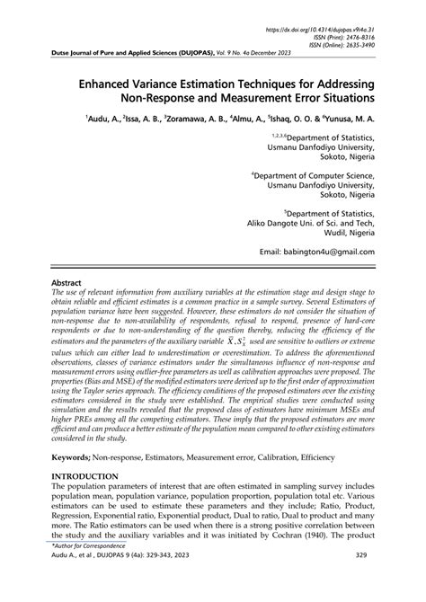 Pdf Enhanced Variance Estimation Techniques For Addressing Non