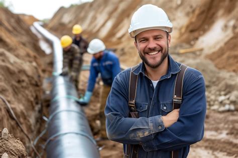 Premium Photo Joyful Pipeline Worker Outdoor Construction Site Team