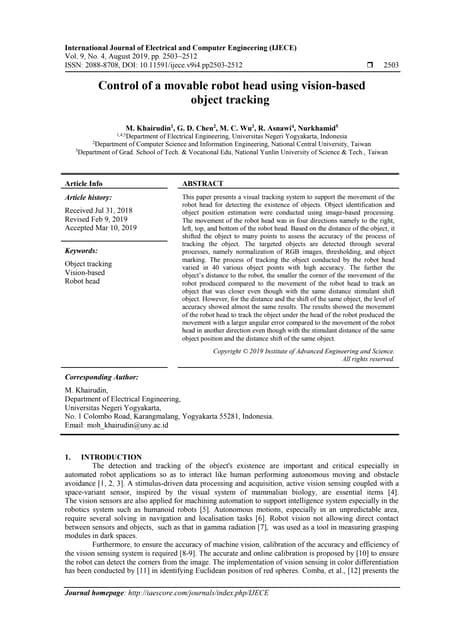 Control Of A Movable Robot Head Using Vision Based Object Tracking Pdf