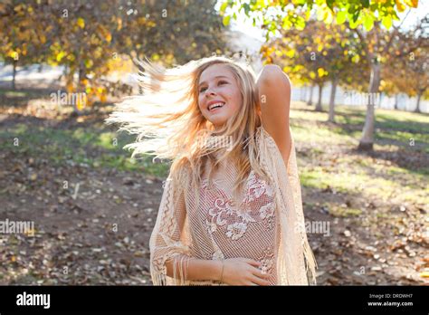 Girl With Hair Blowing In The Wind Stock Photo Alamy