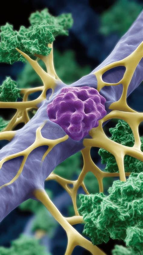 Microscopic Cellular Biology Showing Cell Growth Purple Nucleus And Branching Yellow Structure