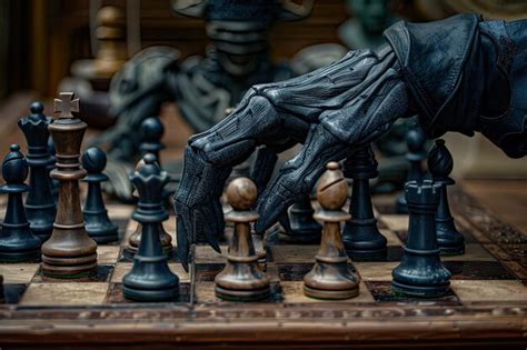 A Robot With Artificial Intelligence Plays Chess Hand Closeup On A Chessboard Premium Ai