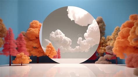 Interior With Circular Architecture Form In 3d Style Abstract Room With Arc Element And Trees